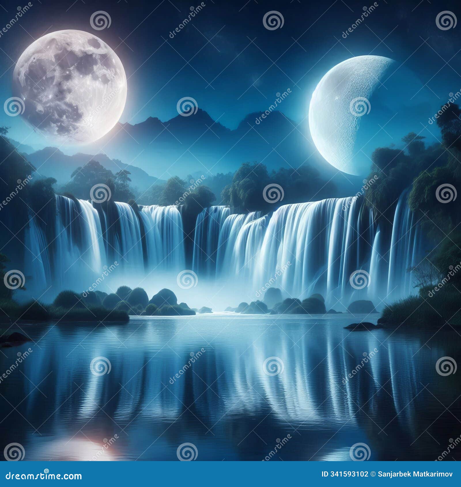 Moonlit Waterfall Two Crescent Moons One White and One Silver Re Stock ...