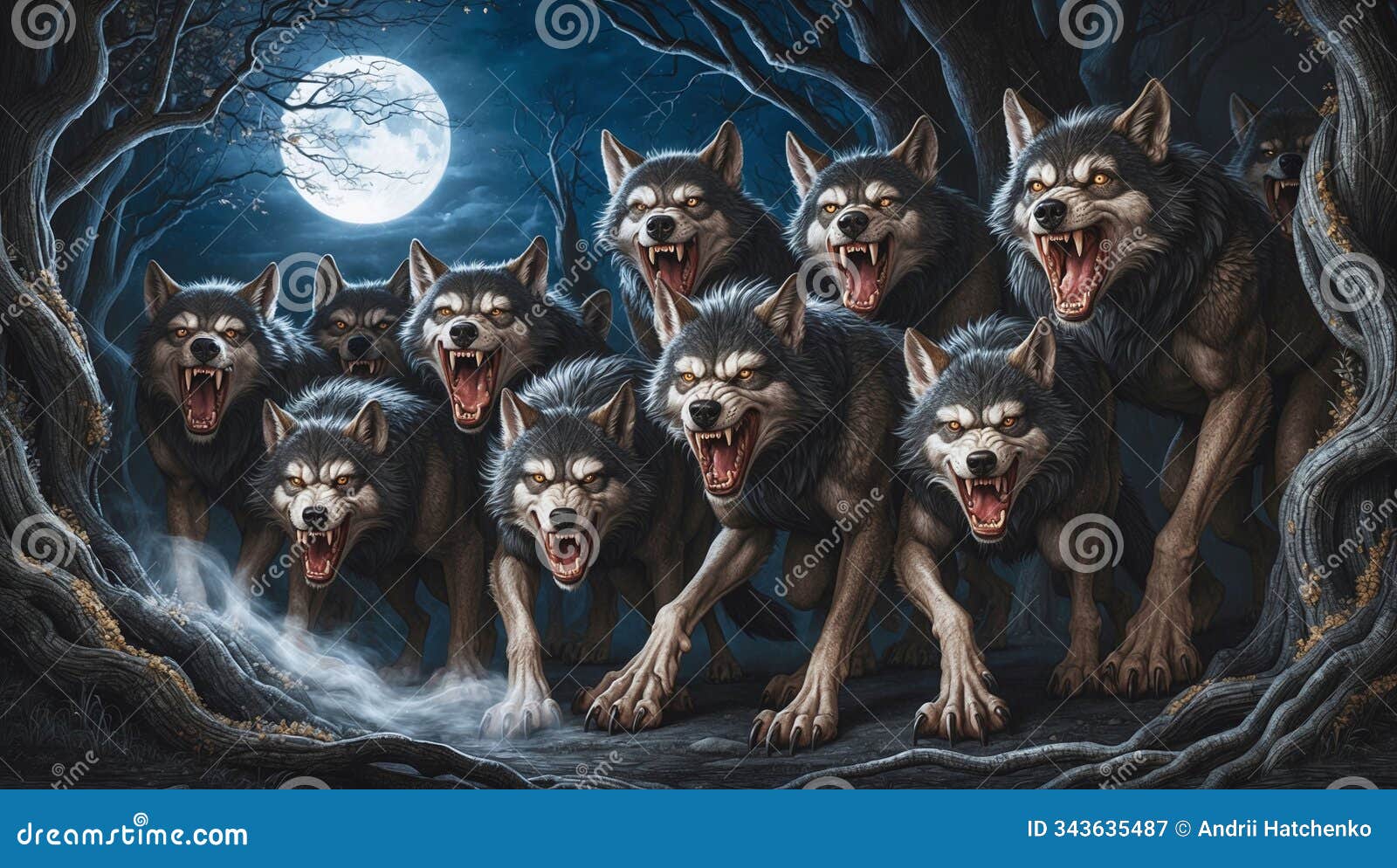 Moonlit Werewolf Gathering: Pack of Snarling Beasts in Mystical Forest ...