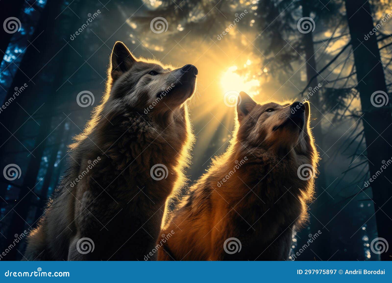 Moonlit Wilderness: Dynamic Wolf Pair. Stock Illustration ...