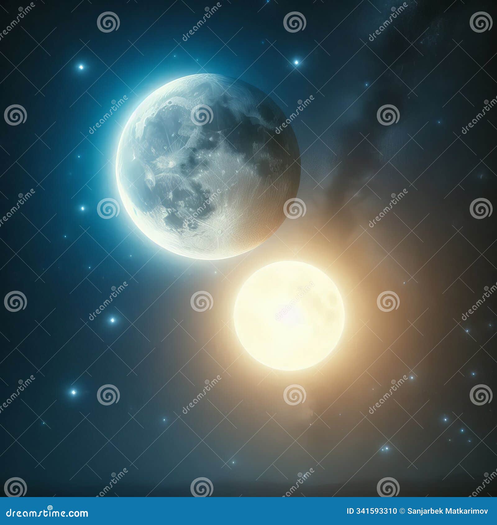 Moons in a Clear Night Sky Two Moons One a Bright White and the Stock Illustration ...