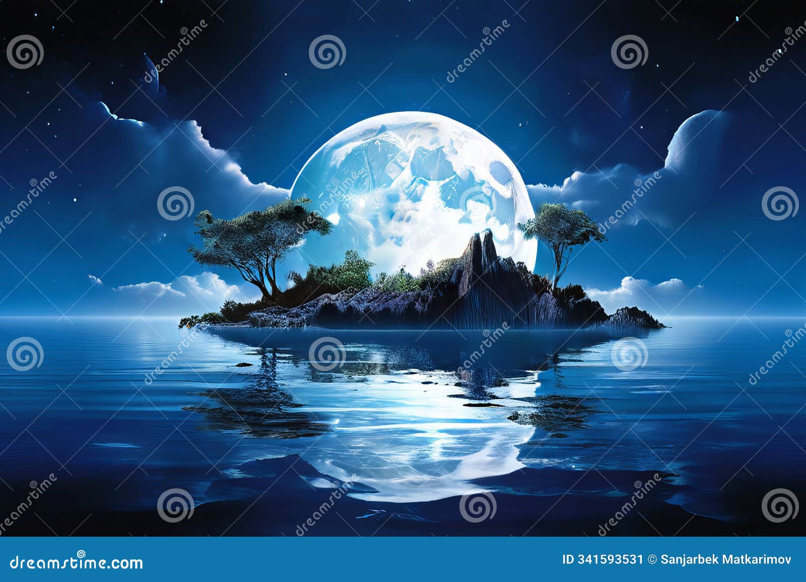 Moons Over a Floating Island Two Moons One a Deep Blue and the O Stock ...