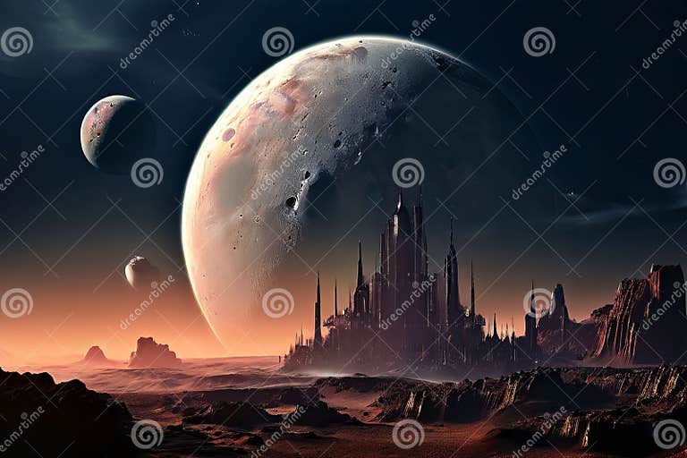 Moons with Visible Civilizations and Structures on Their Surface Stock ...