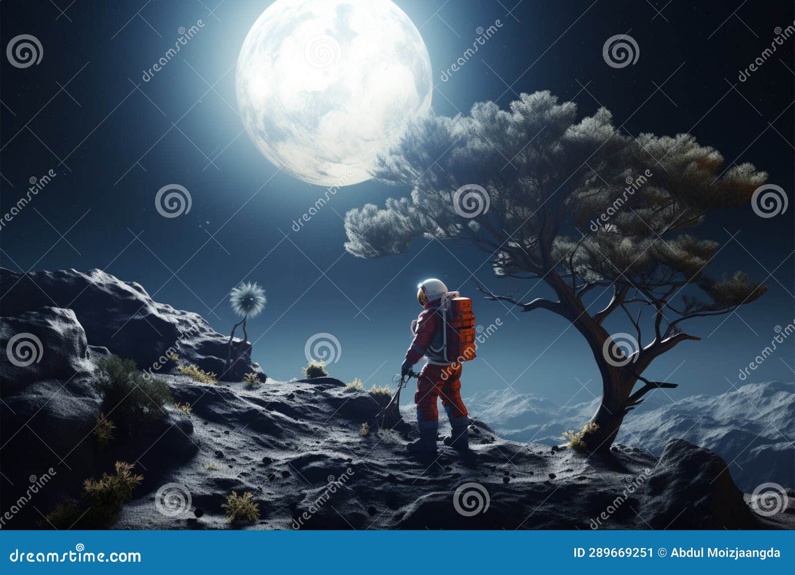 Moonwalker Next To an Otherworldly Tree on Lunar Surface Stock ...