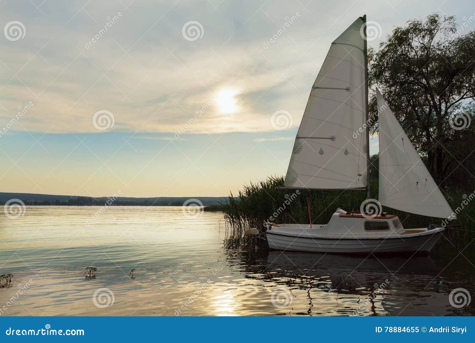 Moored Boat with Sail at Sunset, Lake. Stock Image - Image of lake ...