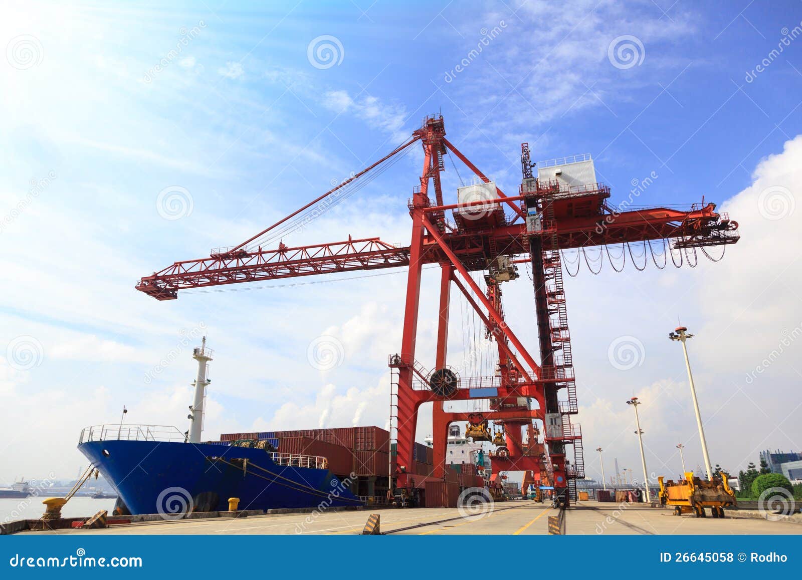 Moored Container Ship and Cranes in a Harbor Stock Photo - Image of ...
