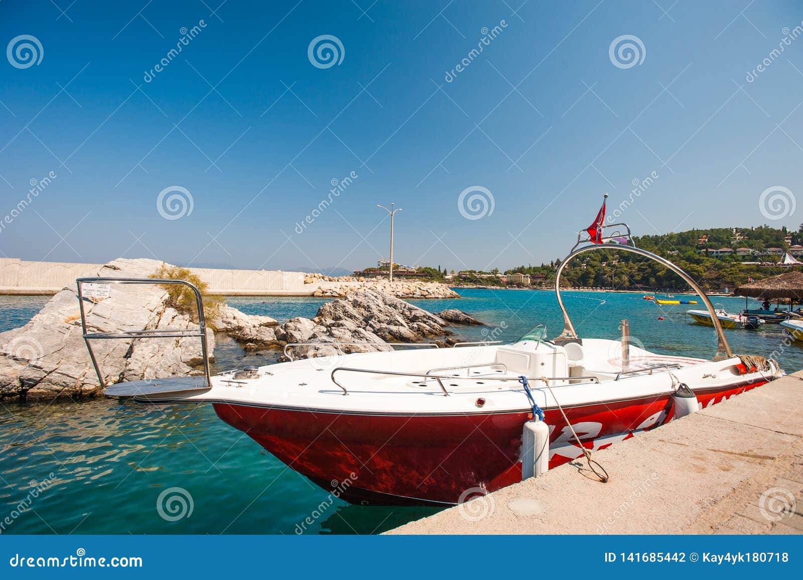 Moored Yacht, Motor Boat. Red and White Boat Parked Editorial ...