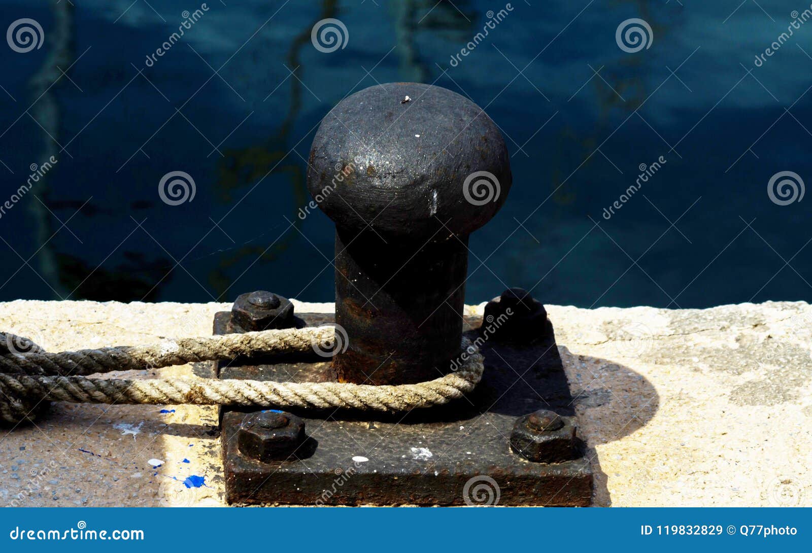 Mooring Post on the Waterfront in a Small Marina, Element for Mo Stock ...