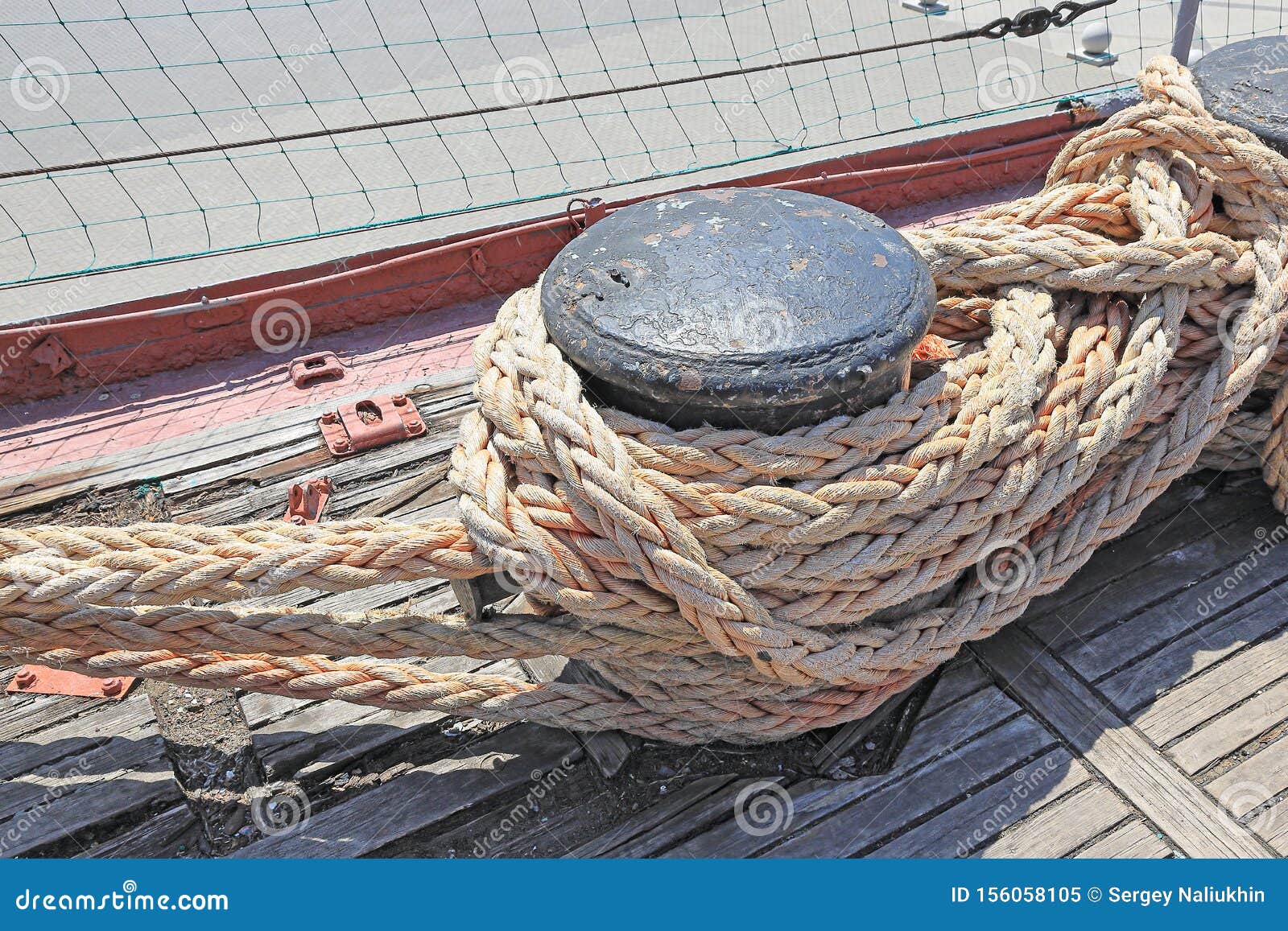 The Mooring Rope is Fixed on the Bollard on the Deck of the Old Ship ...