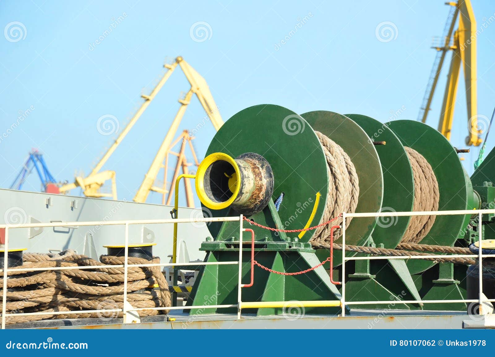 Mooring winch with hawser stock photo. Image of cargo - 80107062