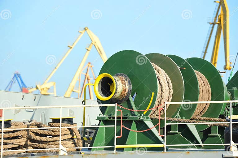 Mooring winch with hawser stock photo. Image of cargo - 80107062