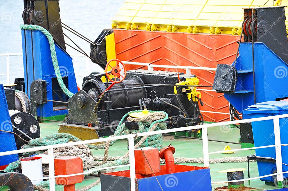 Mooring winch with hawser stock photo. Image of hawser - 81596396