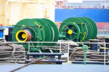 Mooring winch with hawser stock photo. Image of brake - 81633186
