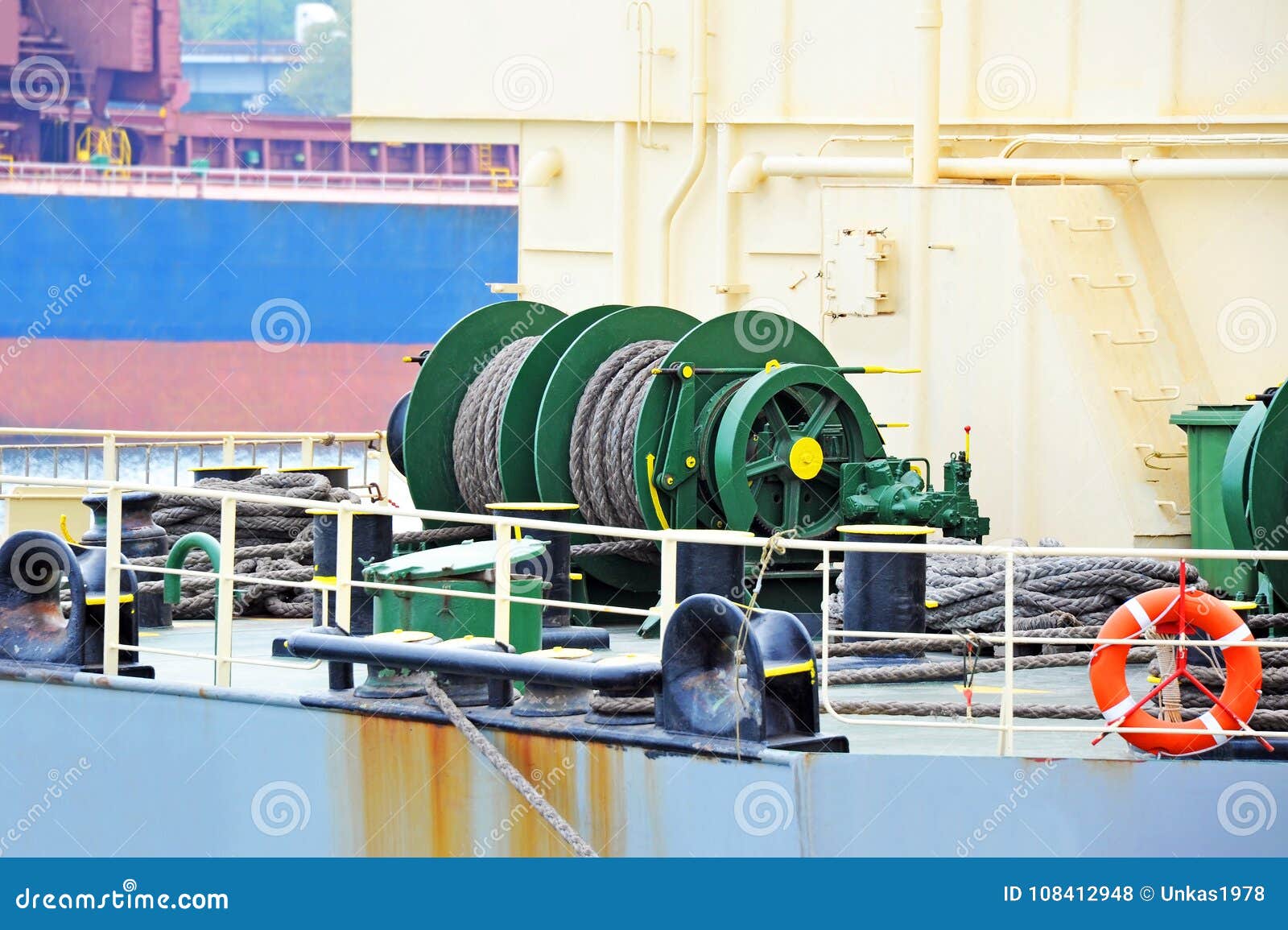 Mooring winch with hawser stock photo. Image of handle - 108412948