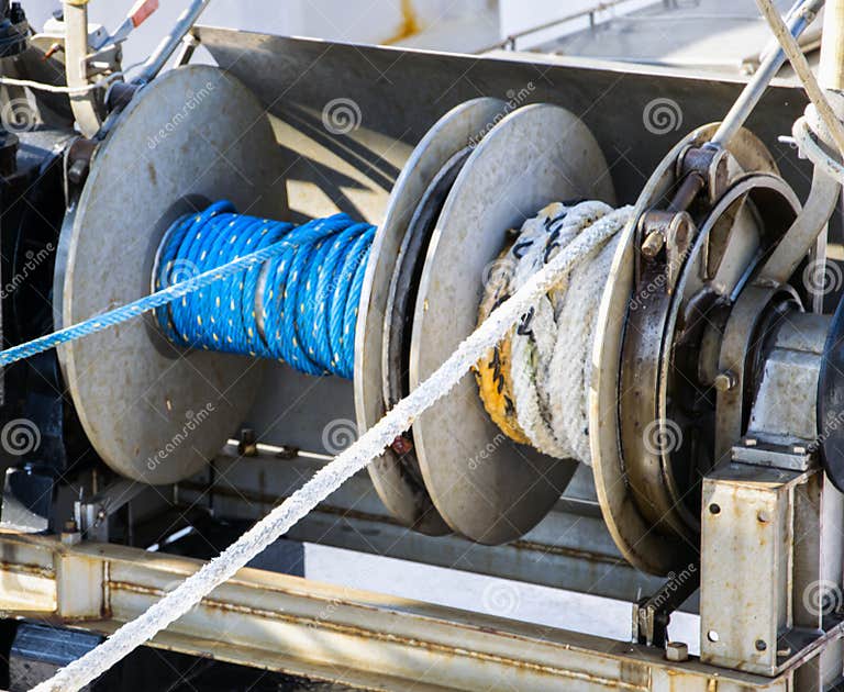 Mooring Winch Mechanism with Hawser on Ship Deck Stock Image - Image of ...
