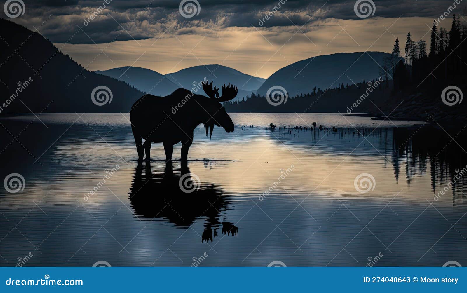 Moose Bull Walking in the River at Night, Generative Ai Stock ...