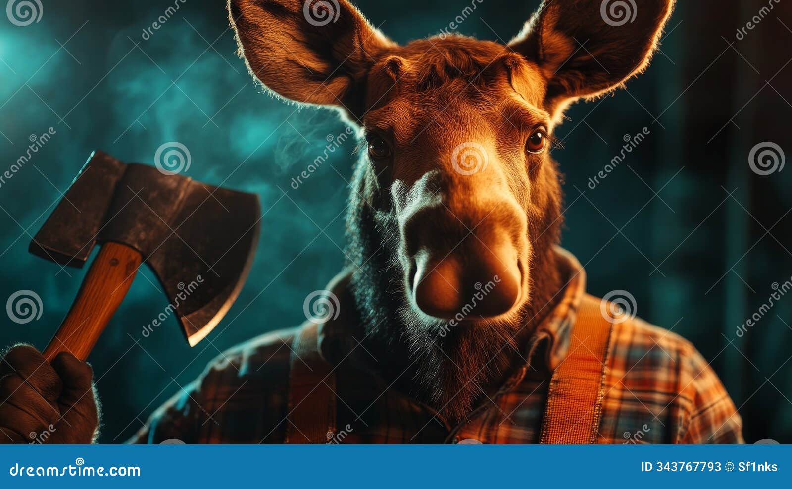 A Moose Dressed As a Lumberjack, Holding an Axe, Set Against a Dramatic ...
