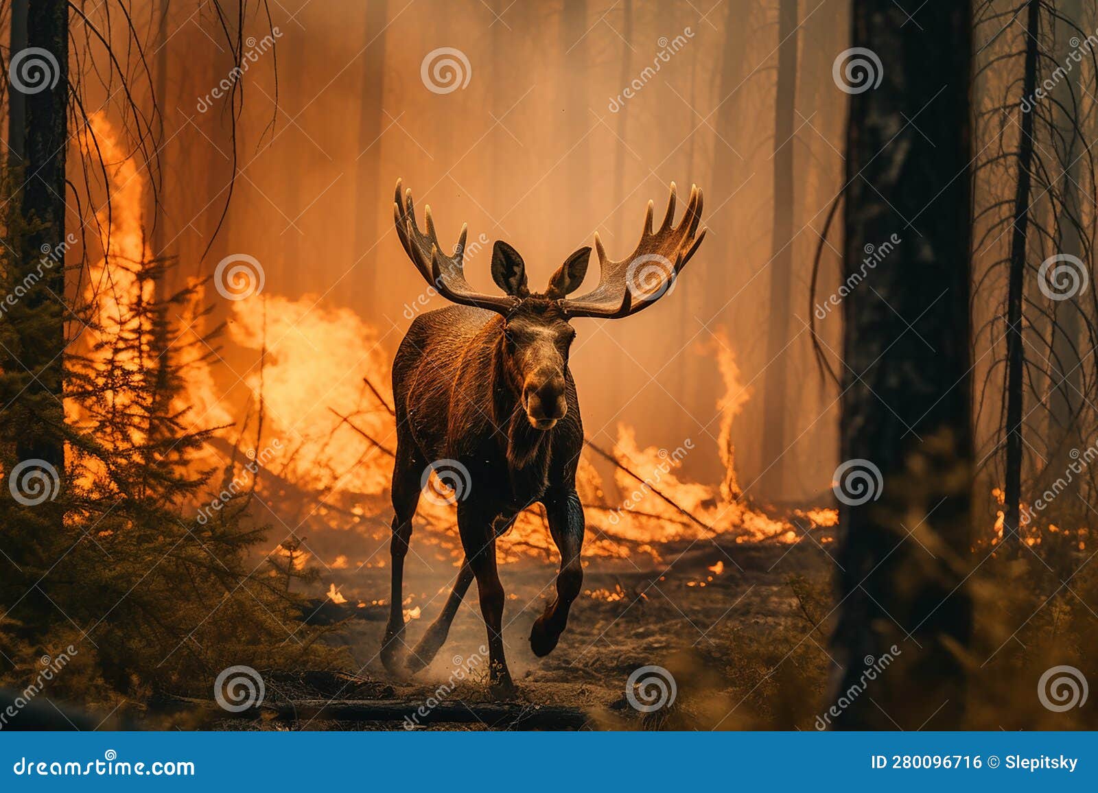 Moose Escapes Forest Fire. Generative AI Stock Illustration ...