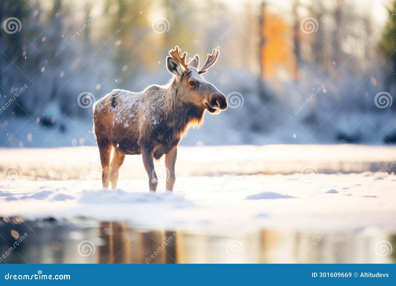 Moose by Frozen Lake with Snowfall Stock Image - Image of scenery ...