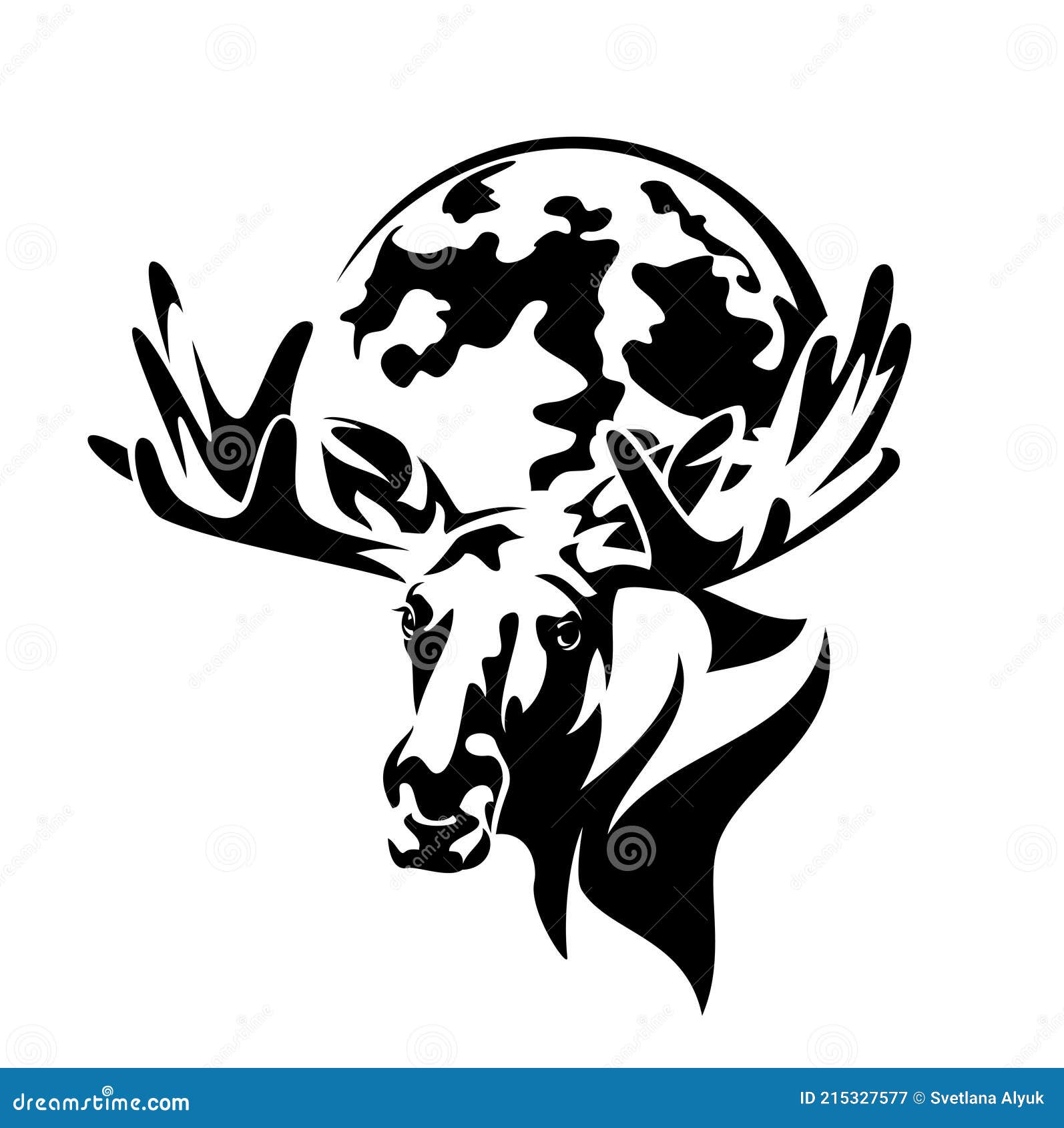 Moose Head Front View and Full Moon Vector Black and White Outline ...