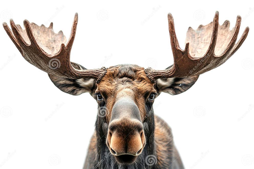 Moose with Large Antlers Looking Forward on a White Background Stock ...
