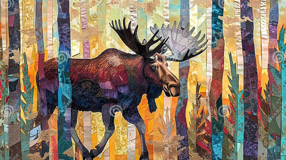Moose in a Patchwork Forest Stock Illustration - Illustration of animal ...