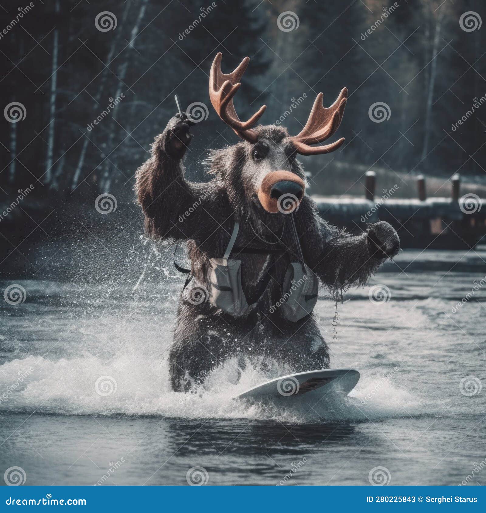 A Moose is Riding a Surfboard in the Water. Generative AI Image. Stock ...