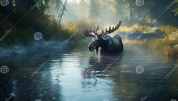 Moose in the River at Sunrise. 3D Rendering Stock Illustration ...