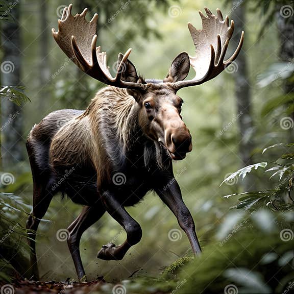 Moose Running through Forest. Stock Illustration - Illustration of ...