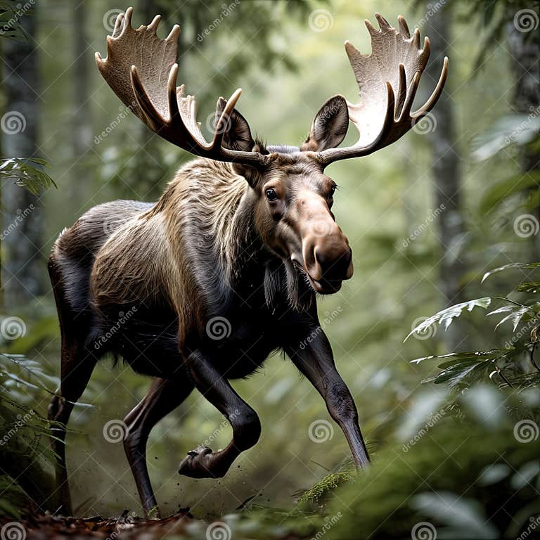 Moose Running through Forest. Stock Illustration - Illustration of ...