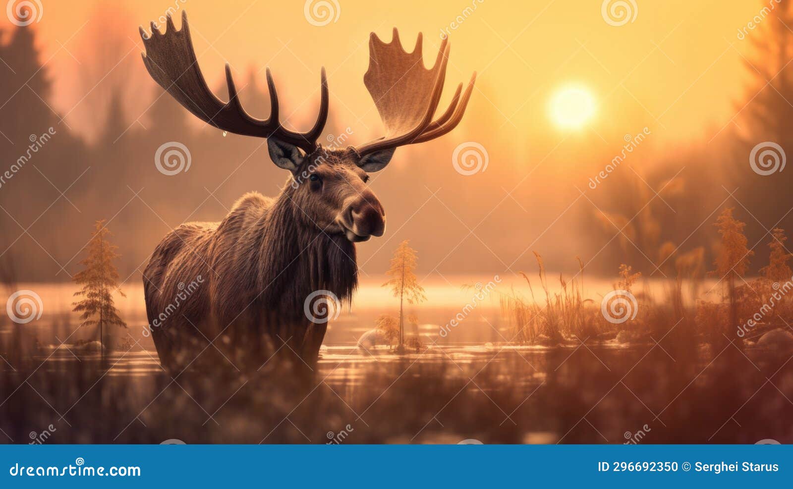 A Moose is Standing in a Field at Sunset, AI Stock Photo - Image of ...