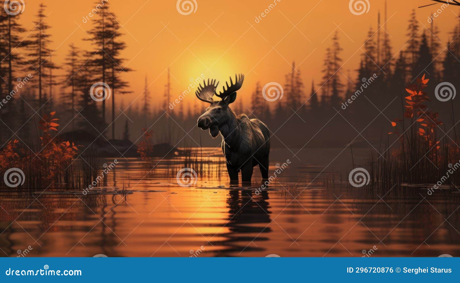 A Moose is Standing in a Lake at Sunset, AI Stock Photo - Image of back ...