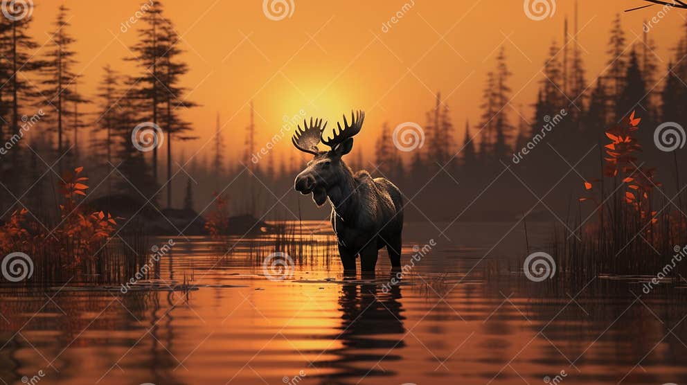 A Moose is Standing in a Lake at Sunset, AI Stock Photo - Image of back ...