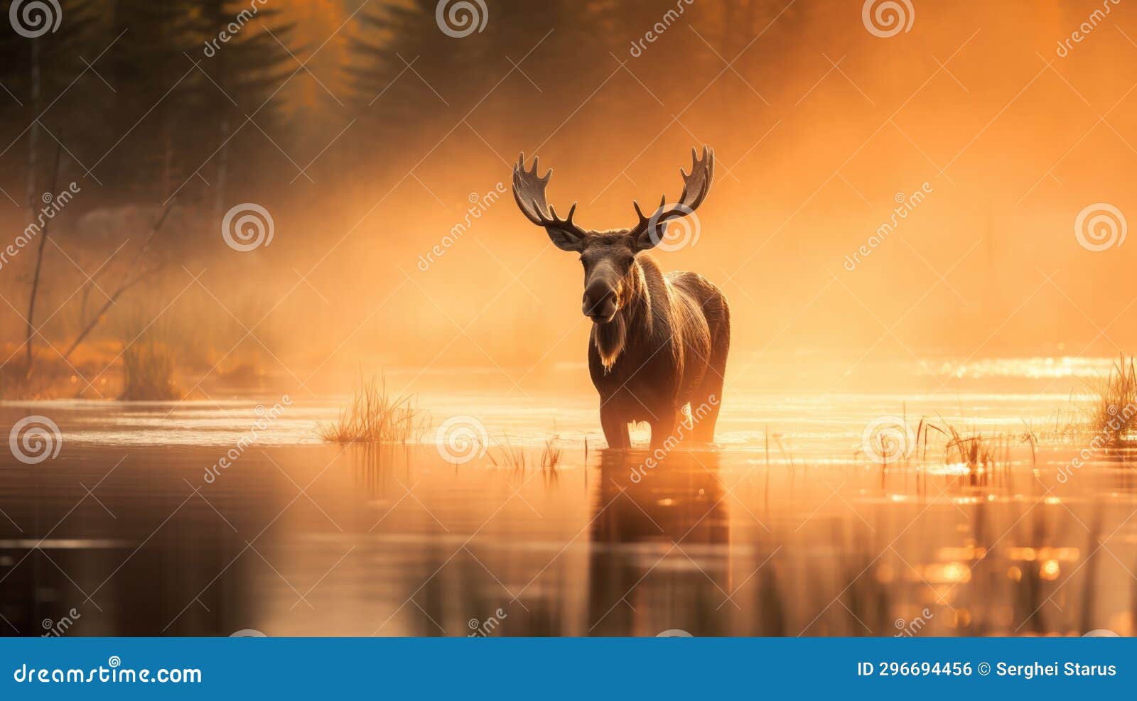 A Moose is Standing in a River at Sunrise, AI Stock Photo - Image of ...