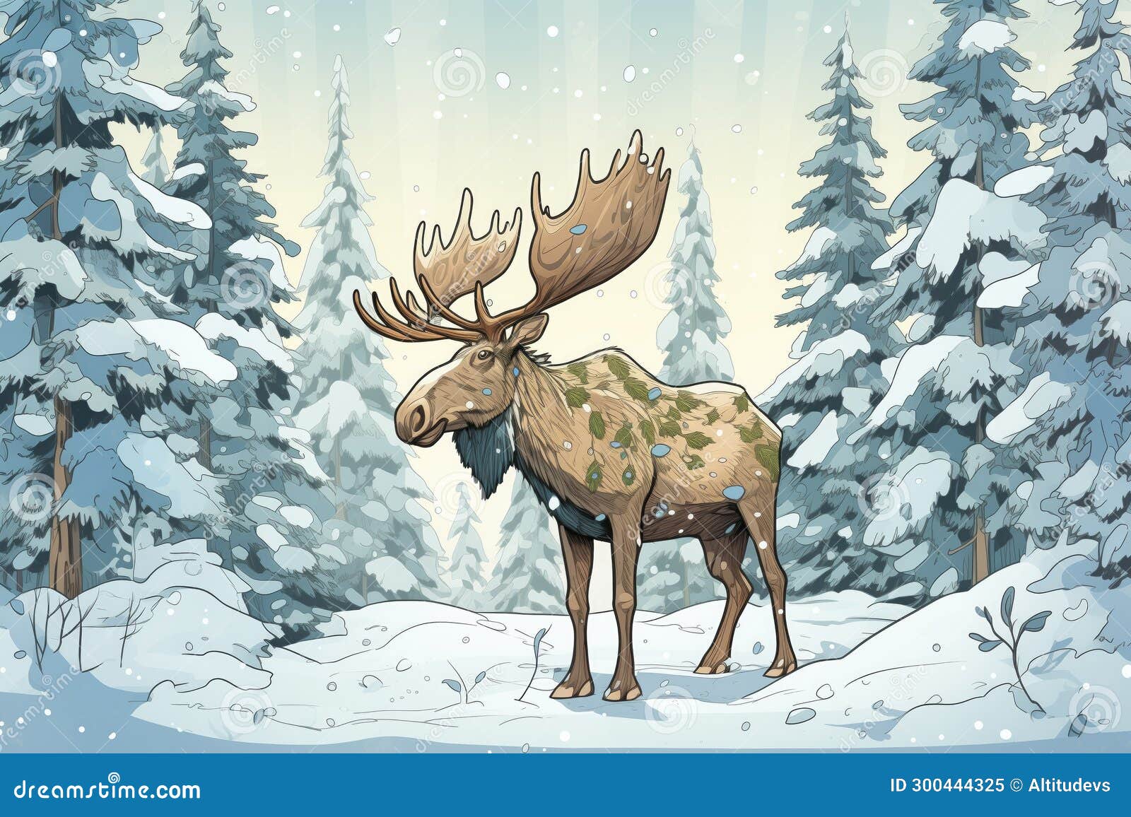A Moose Standing by Snow-covered Evergreen Trees Stock Image - Image of ...