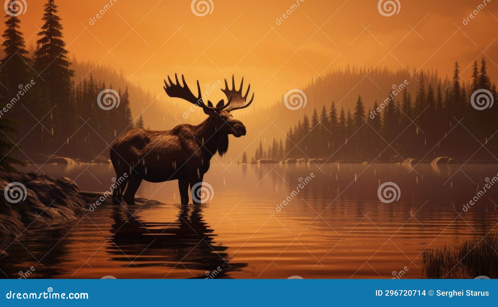 Moose Standing in the Water at Sunset, AI Stock Photo - Image of back ...