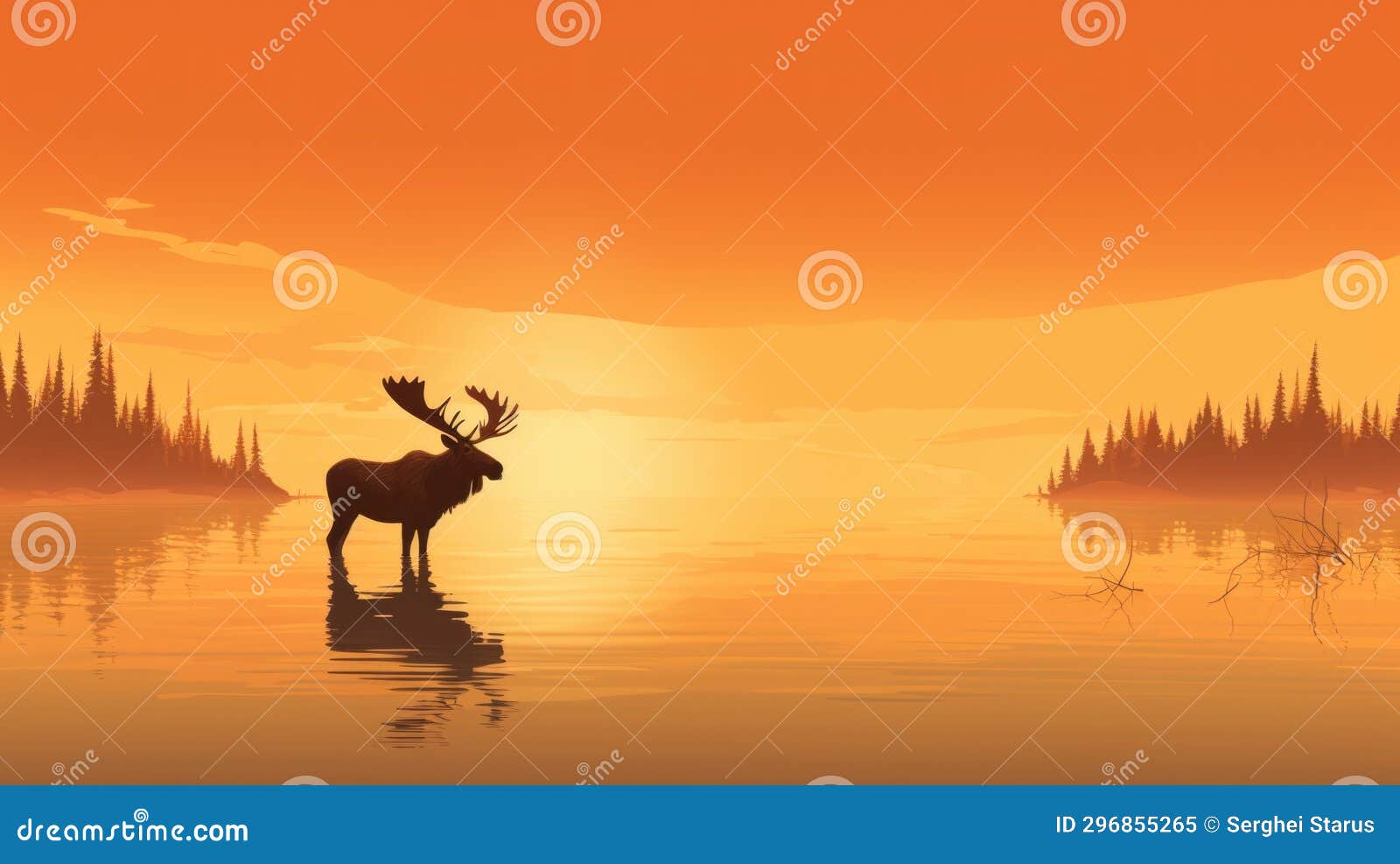 Moose Standing in the Water at Sunset, AI Stock Illustration ...