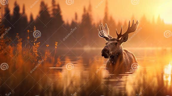 Moose in the Water at Sunset, AI Stock Photo - Image of water, scene ...