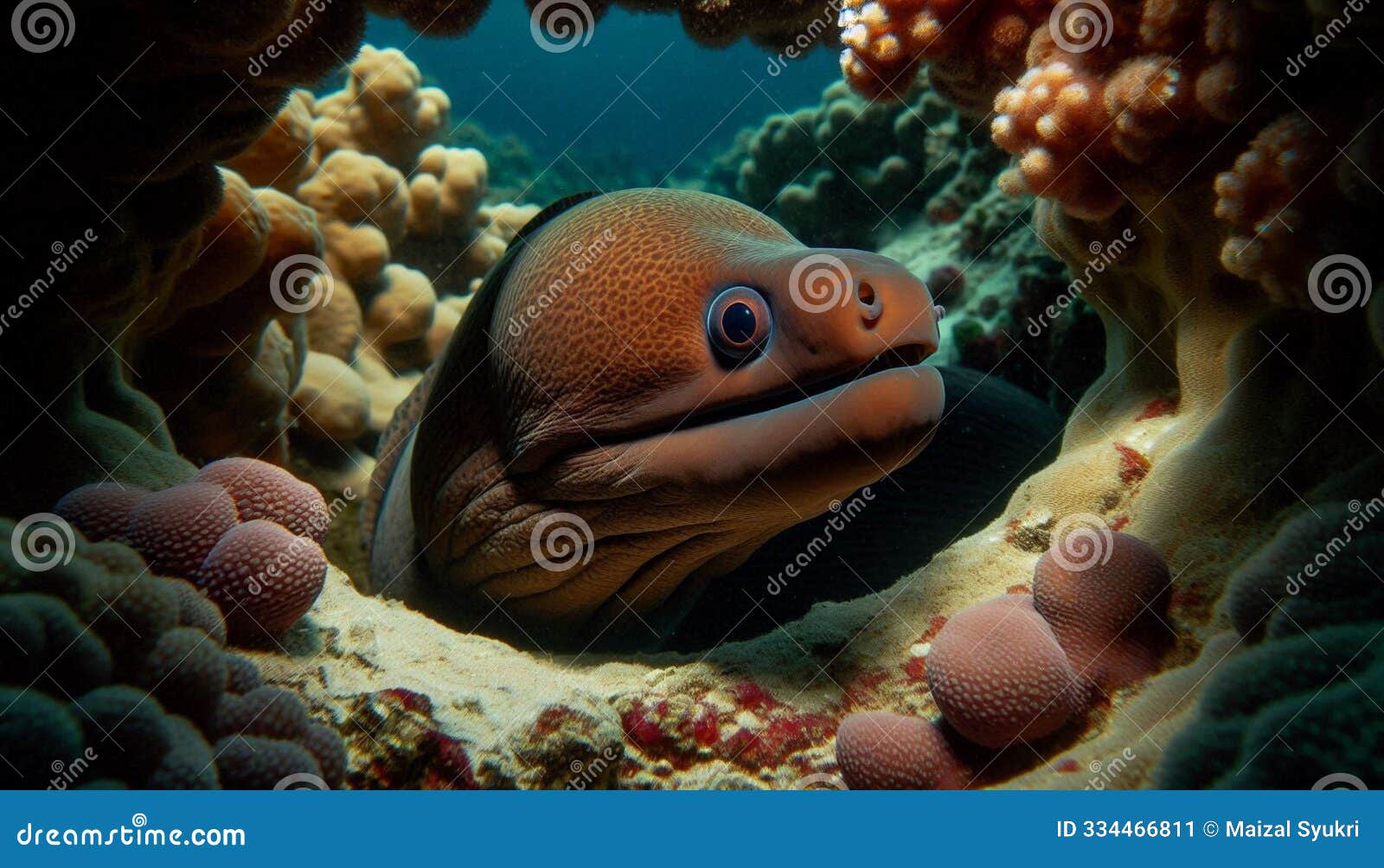 Moray Eel Emerging from a Coral Crevice Stock Illustration ...