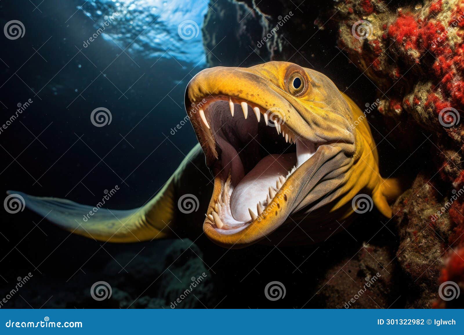 A Moray Eel on the Hunt Opens Its Mouth between Corals in the Coral ...