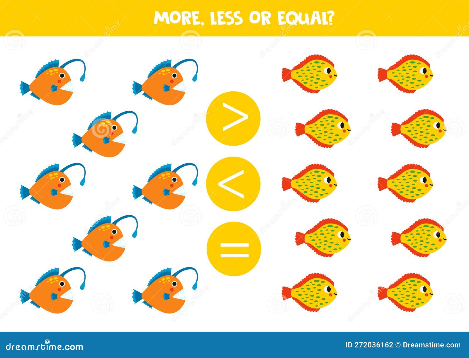 More, less or Equal with Cartoon Angler Fish and Plaice Stock Vector ...
