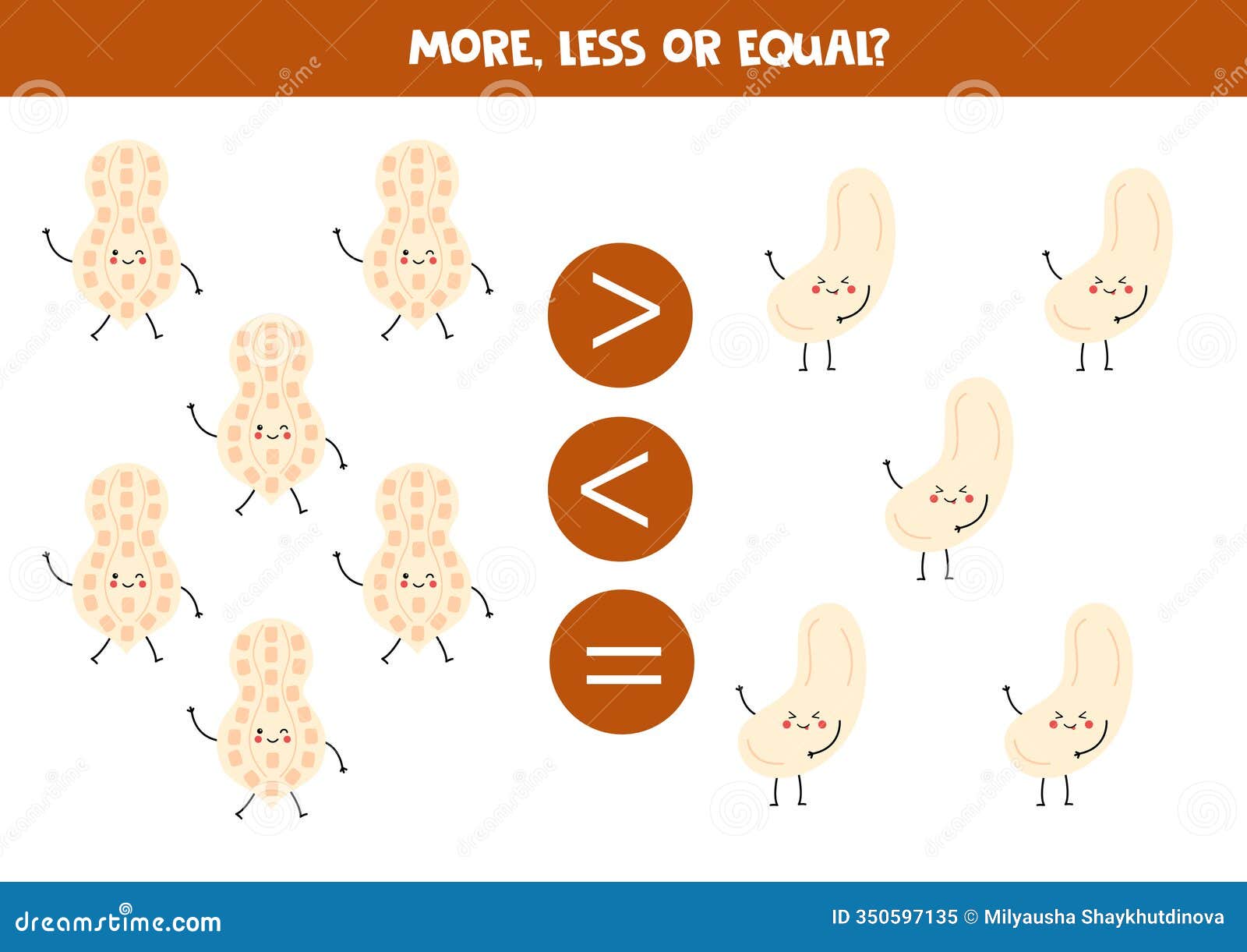 More, less, Equal with Cartoon Nuts. Peanuts and Cashews. Stock ...