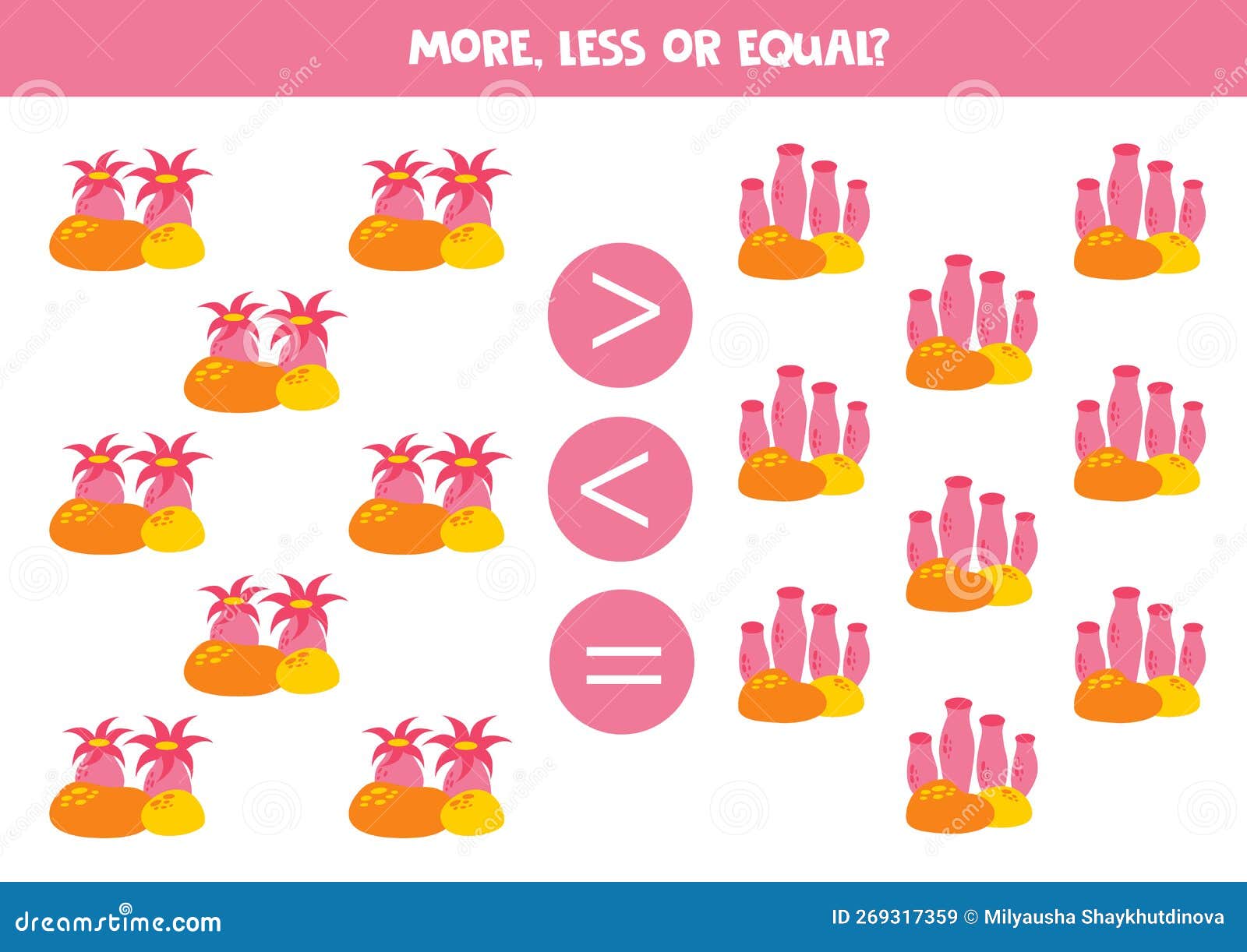 More, Less Or Equal With Cartoon Pink Actinia And Coral | CartoonDealer ...