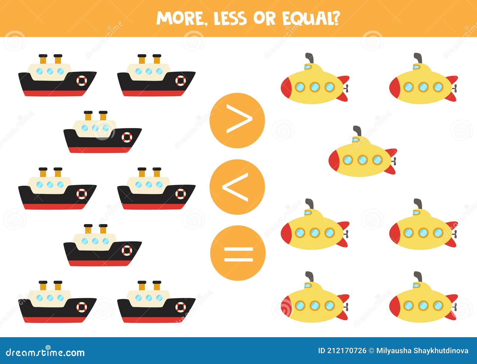 More, less, Equal with Cartoon Ship and Submarine. Stock Vector ...