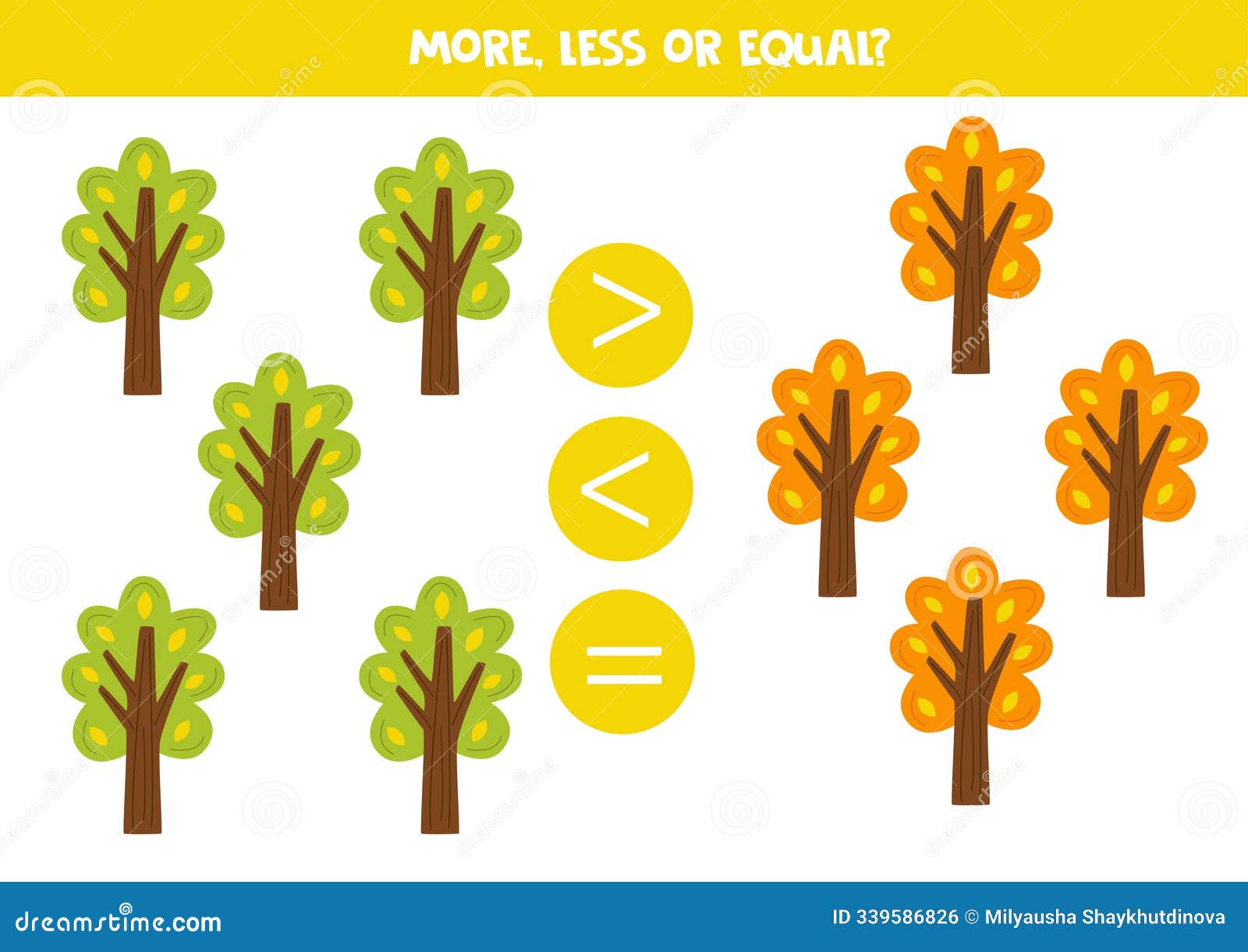 More, less, Equal with Cartoon Trees. Colorful Worksheet. Stock ...