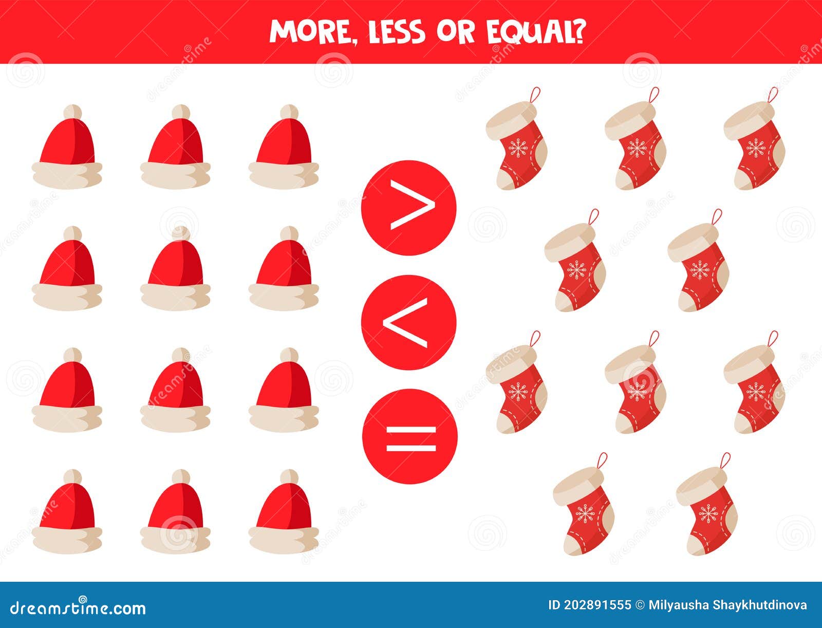 Comparison of Objects for Kids. More, less with Cartoon Christmas Caps ...