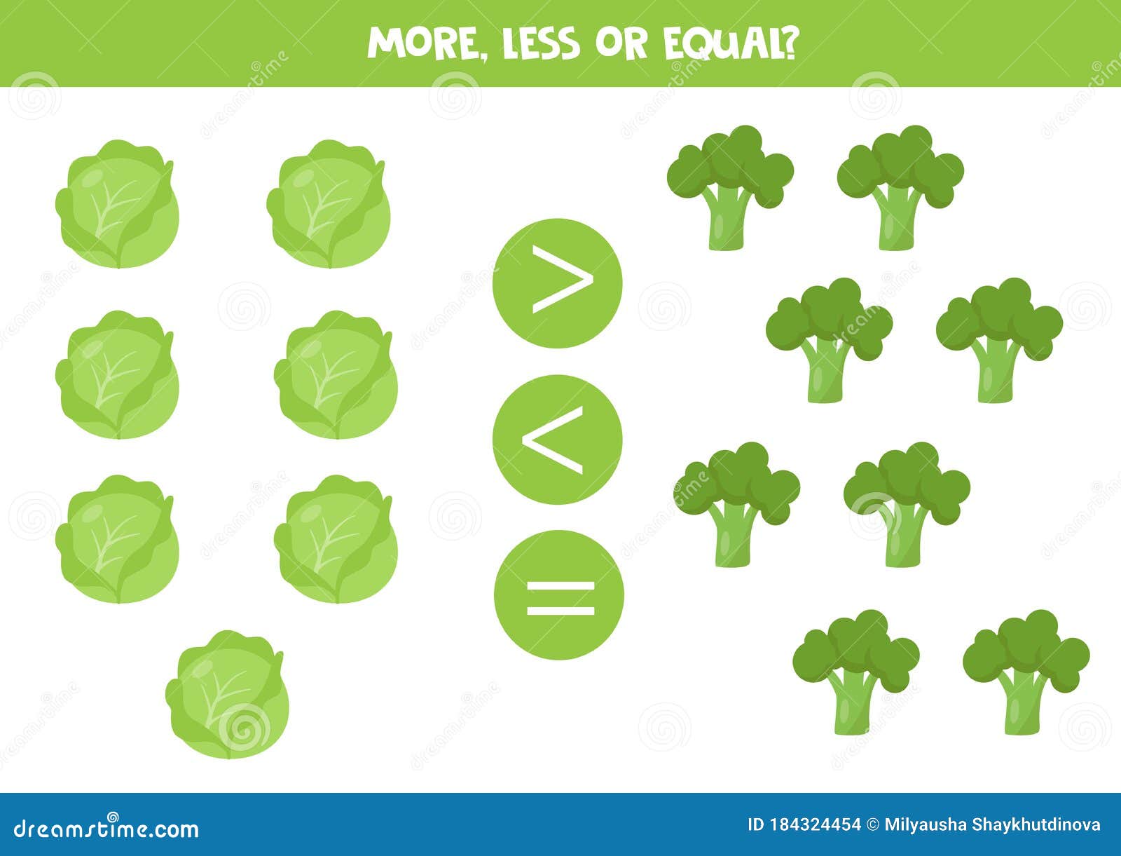 More, less, Equal. Compare the Amount of Broccoli and Cabbage. Stock ...