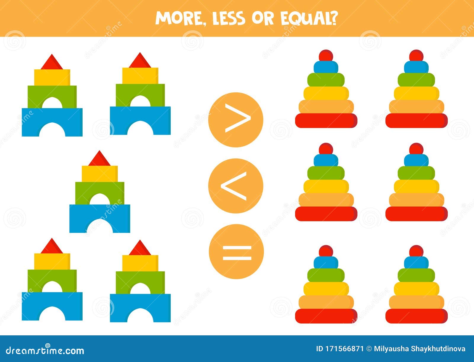 More, less or Equal, Compare the Number of Toy Pyramids Stock Vector ...