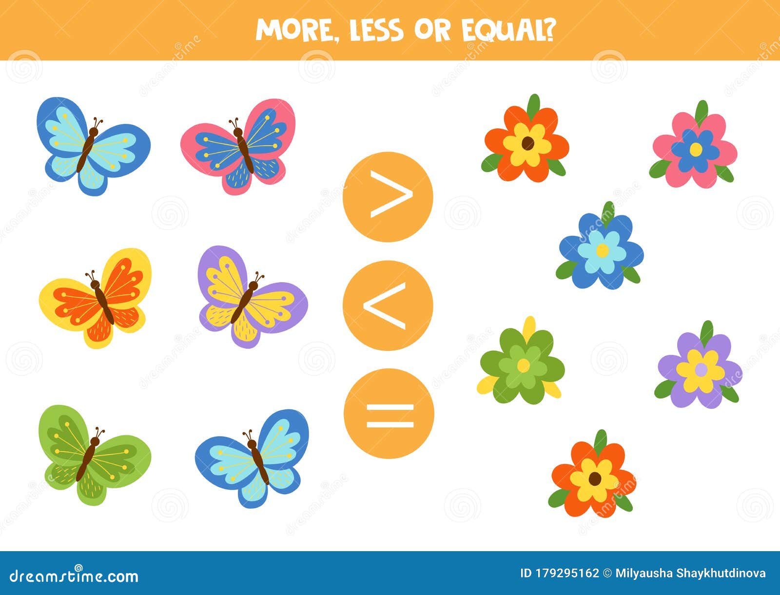 More, less or Equal. Comparison of Butterflies and Flowers Stock Vector ...