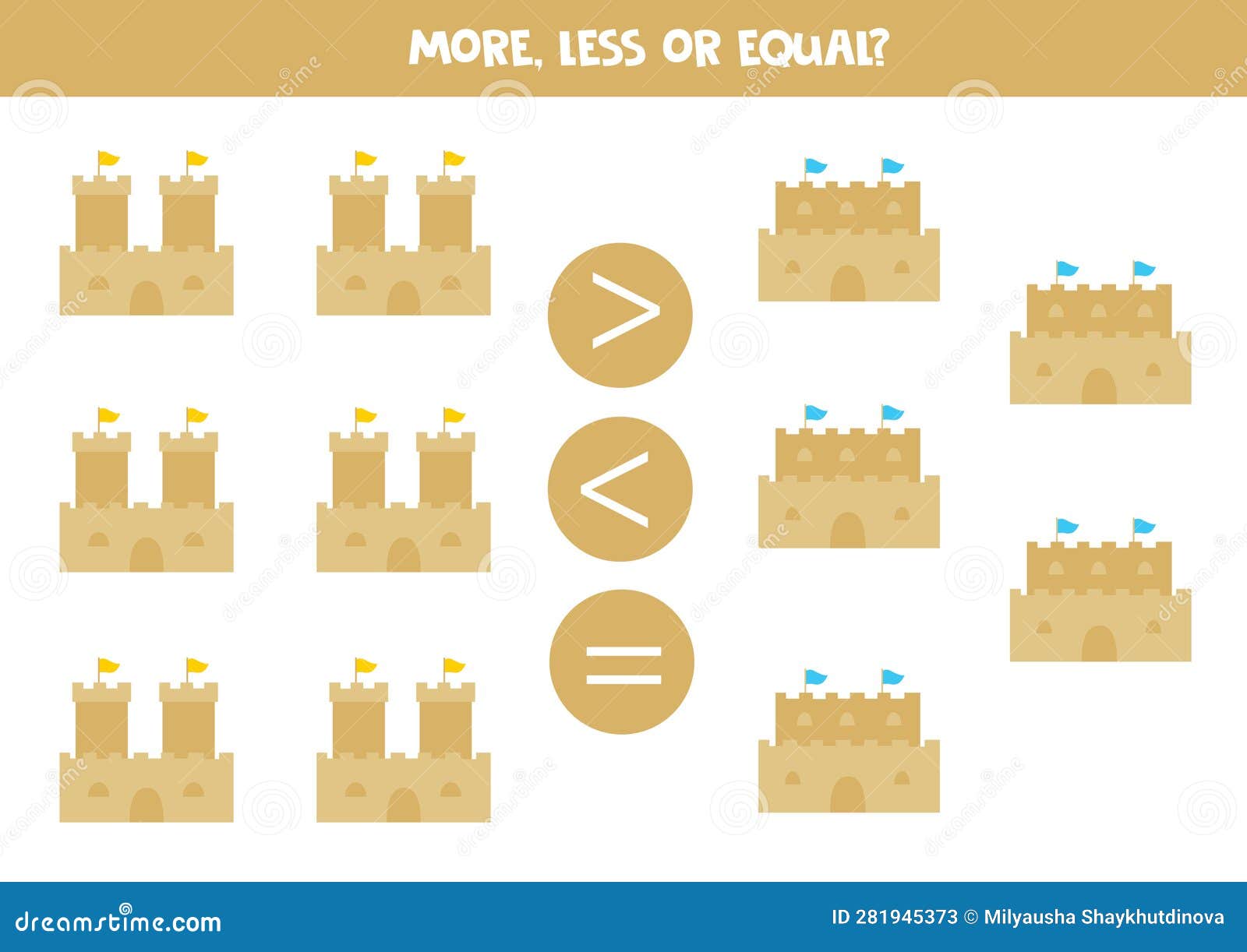More, less or Equal with Cute Cartoon Sand Castles Stock Vector ...