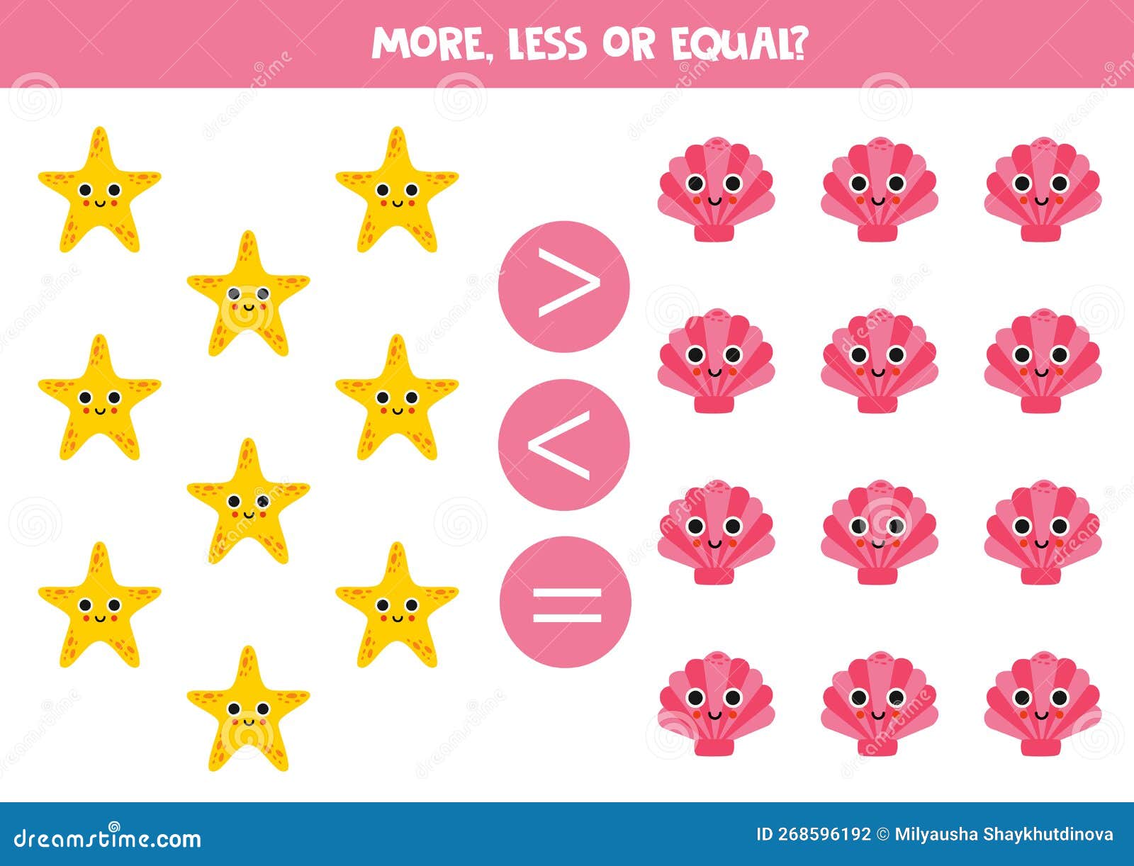 More, less or Equal with Cartoon Starfish and Seashell Stock ...